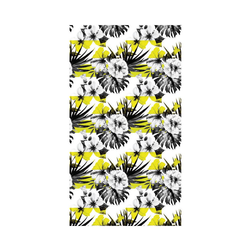 Foliage, rideau imprimé grand fleur noir et blanc fond jaune 140x245 cm ...