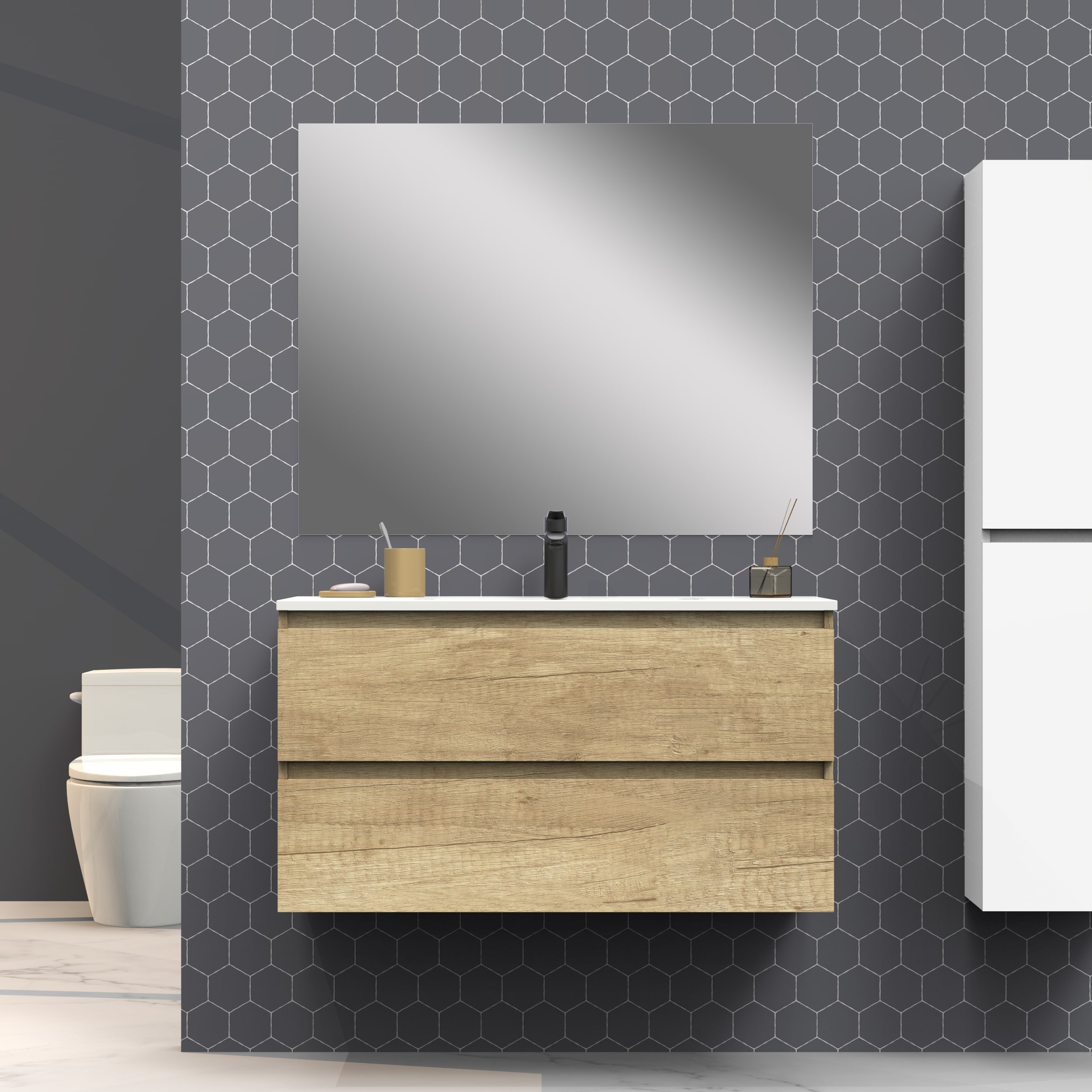 ENSEMBLE DE SALLE DE BAIN BLAZE | 100 CM NATURE | DEUX TIROIRS | LAVABO ...