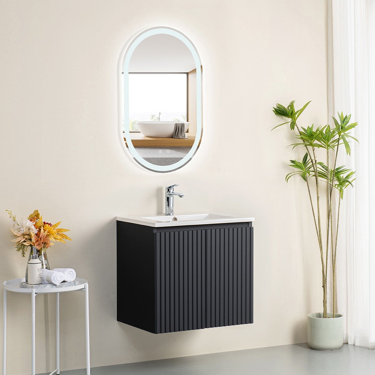 Ensemble meuble strié 60 gris 2 portes-Vasque céramique | Leroy Merlin