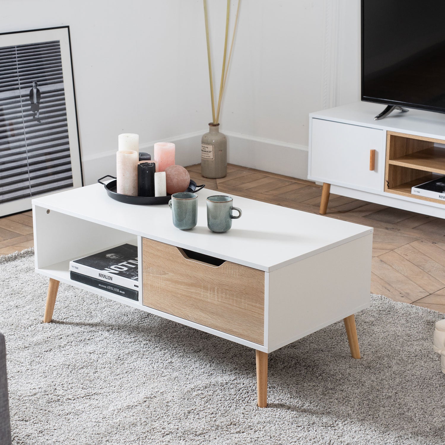 Table basse avec tiroir style scandinave blanche FREJA | Leroy Merlin