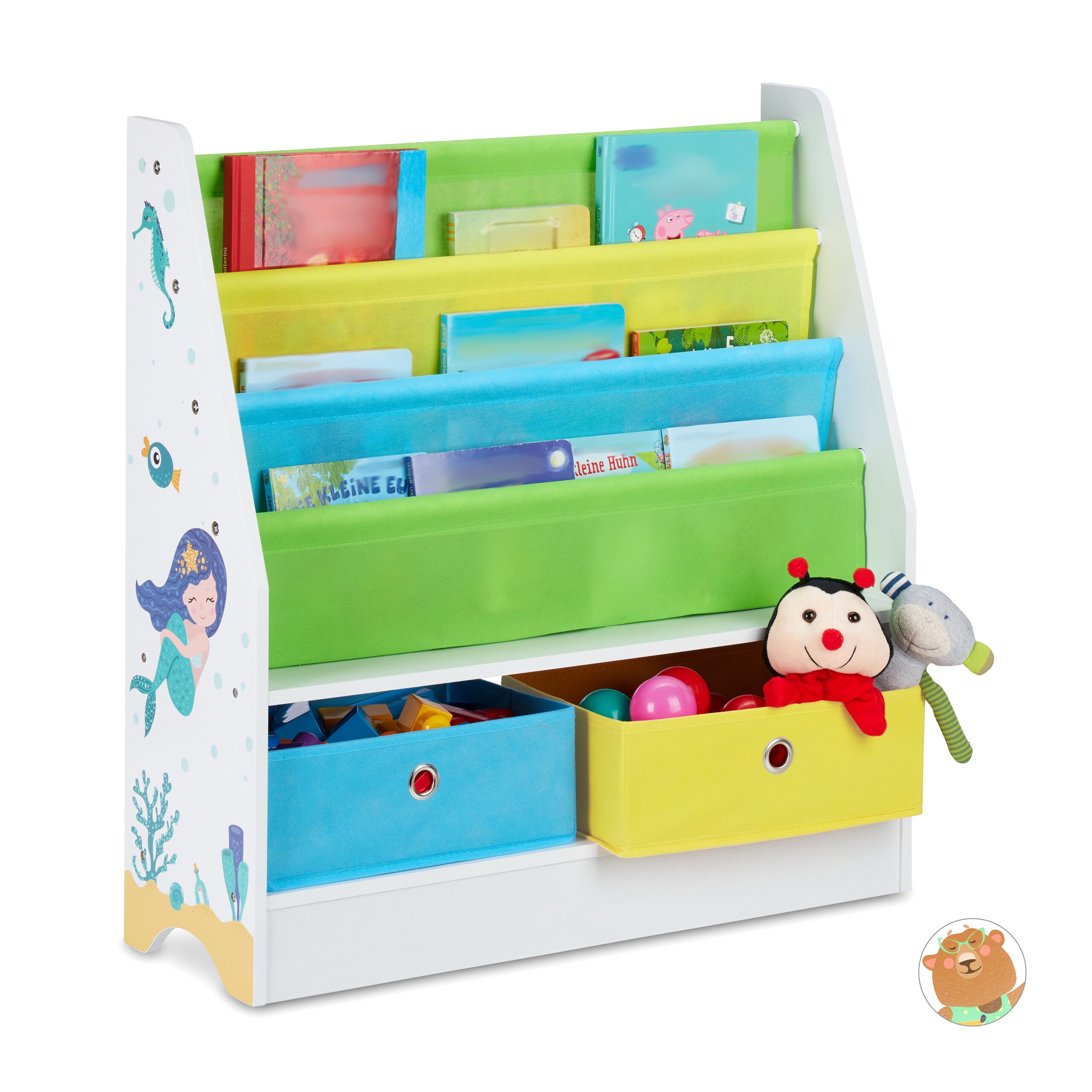 Relaxdays Porta Giochi Bambini, con Motivi Marini, 2 Scatole, 3 Scomparti, Scaffale Libreria ...