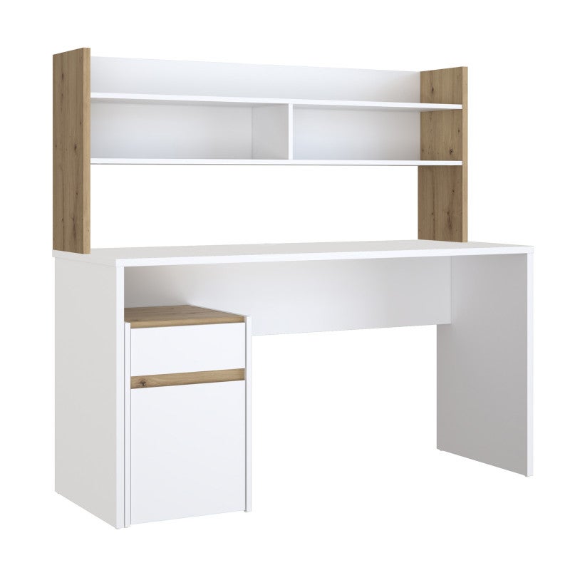 Bureau et surmeuble 140 cm blanc mat et décor bois de chêne - ODYSSÉE ...