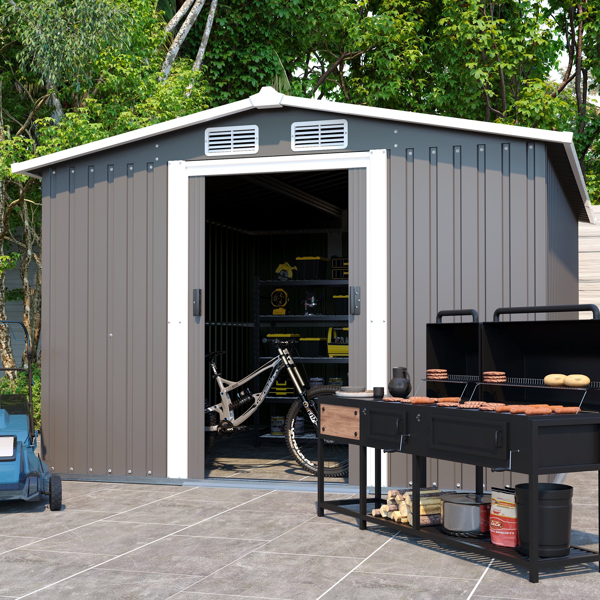 Abri de jardin en métal, 10*8ft Outdoor Storage, Tool Shed with Pitched ...