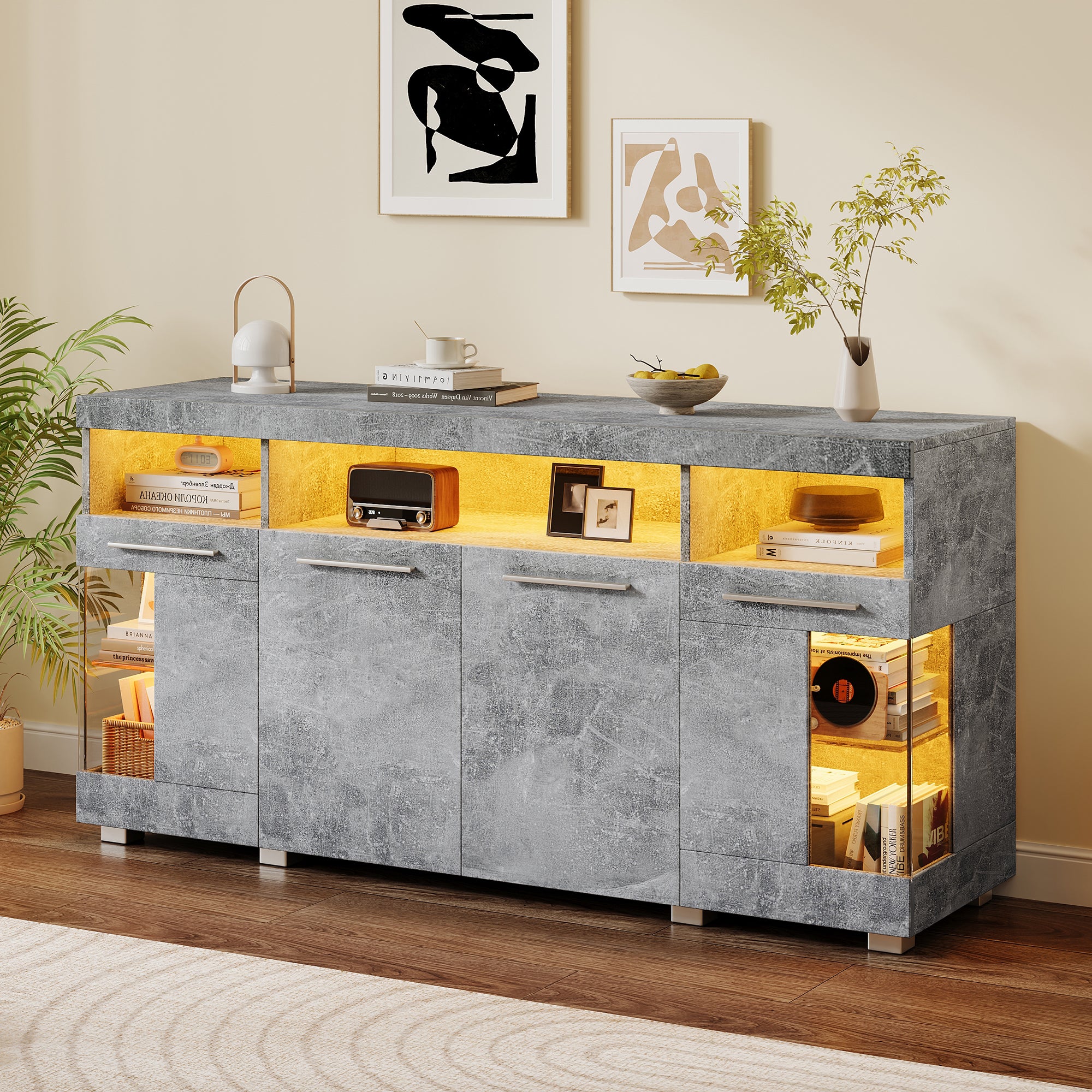 Buffet moderno con LED - 4 puertas y 9 compartimentos de almacenamiento ...