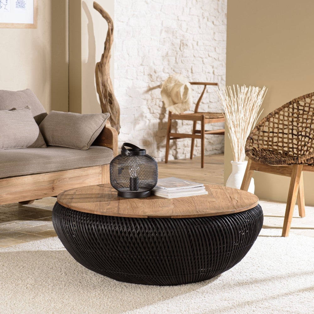 SIXTINE - Table basse ronde diam100 rotin noir plateau bois teck ...