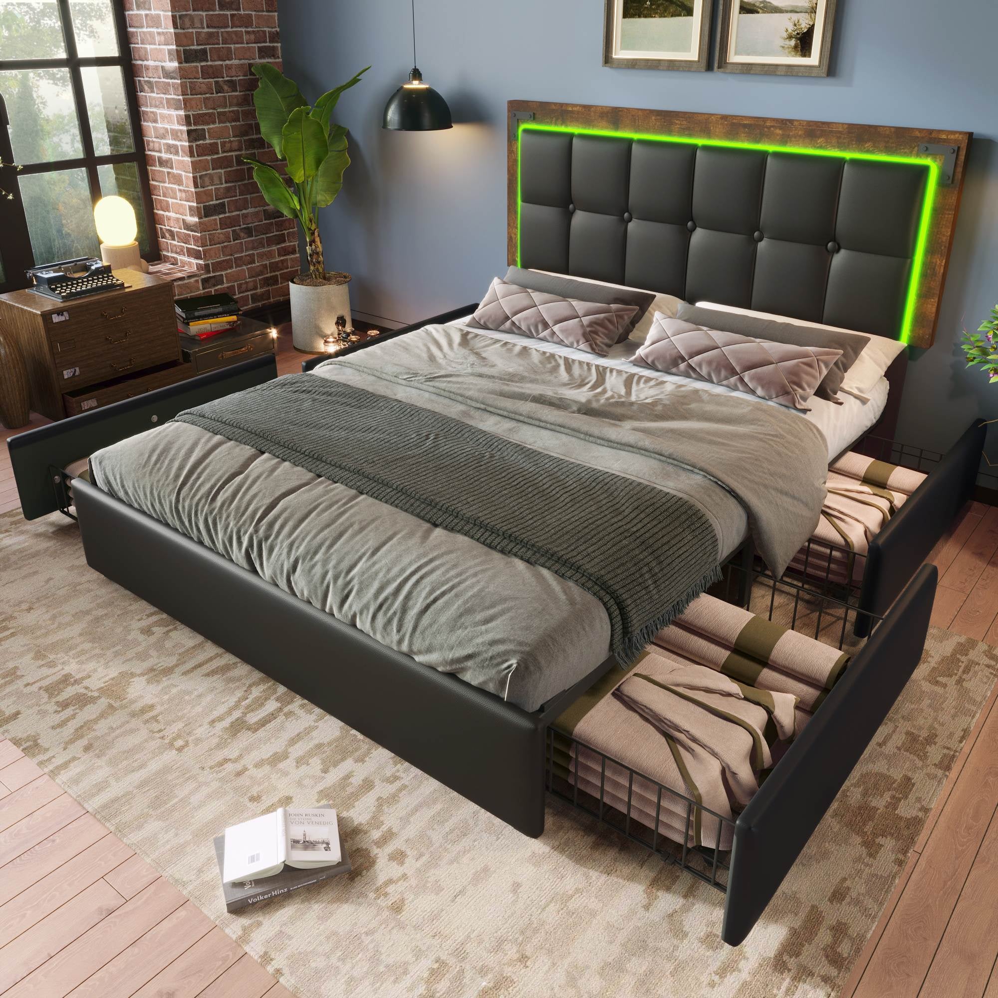 Lit double 160x200 cm - LED, 4 tiroirs, tête réglable, sans matelas ...