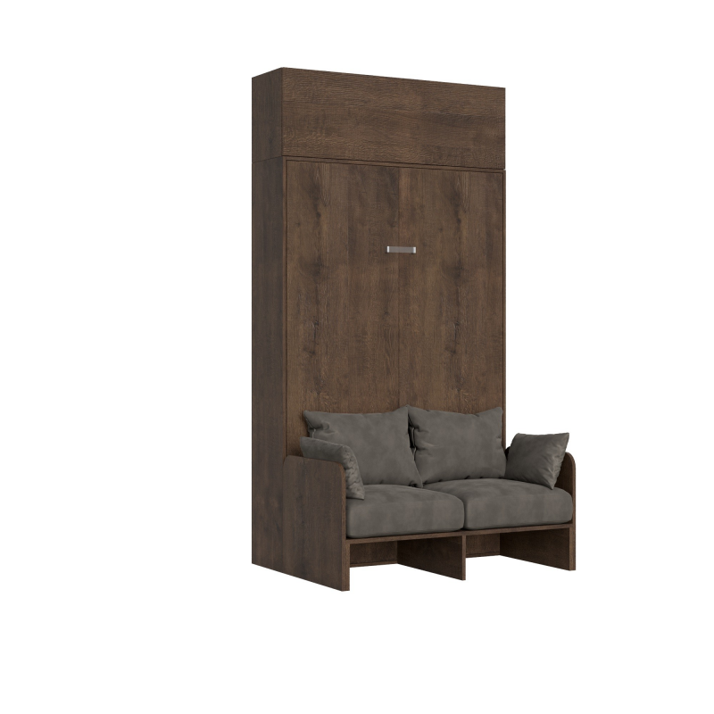 Cama abatible francesa de 140 cm con módulo de pared de nogal KENTARO ...