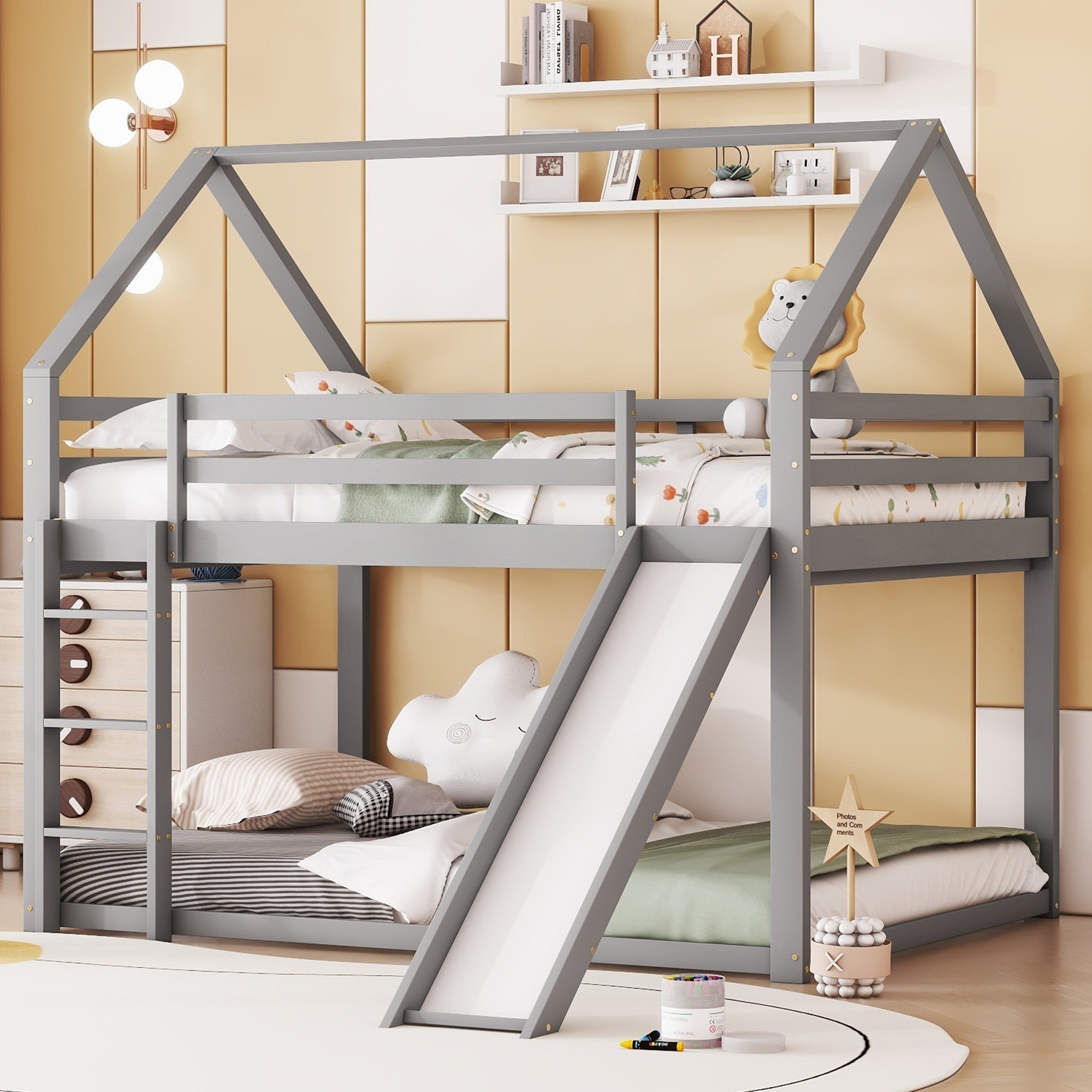 Cama doble, cama infantil, litera alta, litera con tobogán y escalera ...