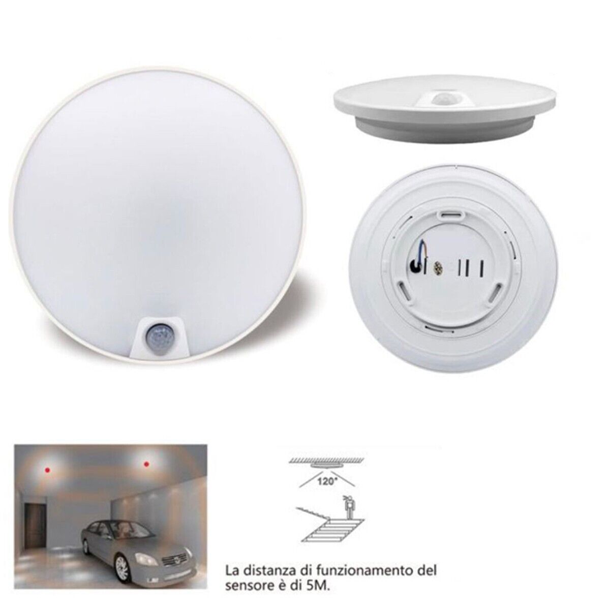 PLAFONIERA LED SOFFITTO ROTONDA 12W LUCE FREDDA SENSORE MOVIMENTO ...