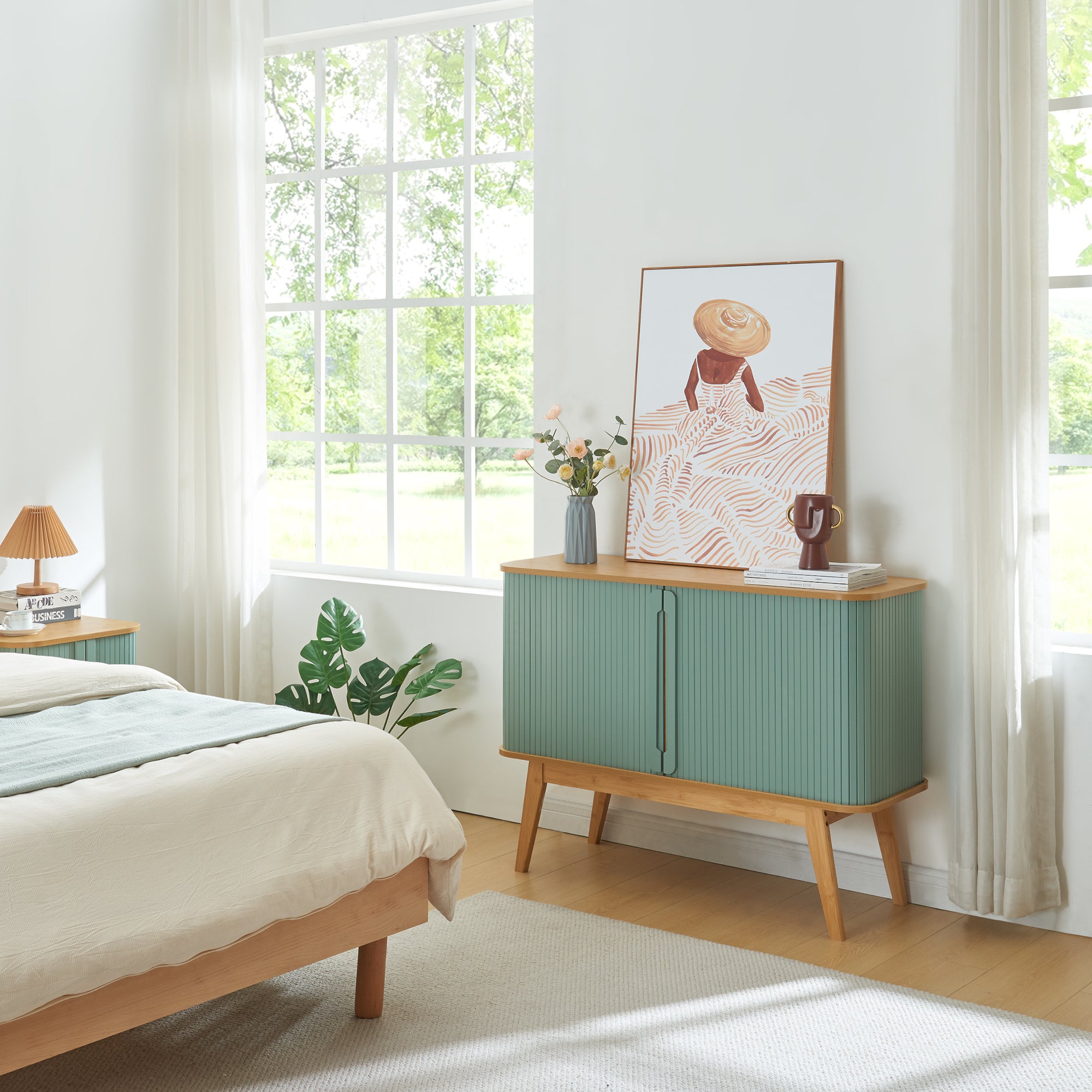 Buffet Tysvær bambou 110 x 40 x 80 cm naturel bleu [en.casa] | Leroy Merlin