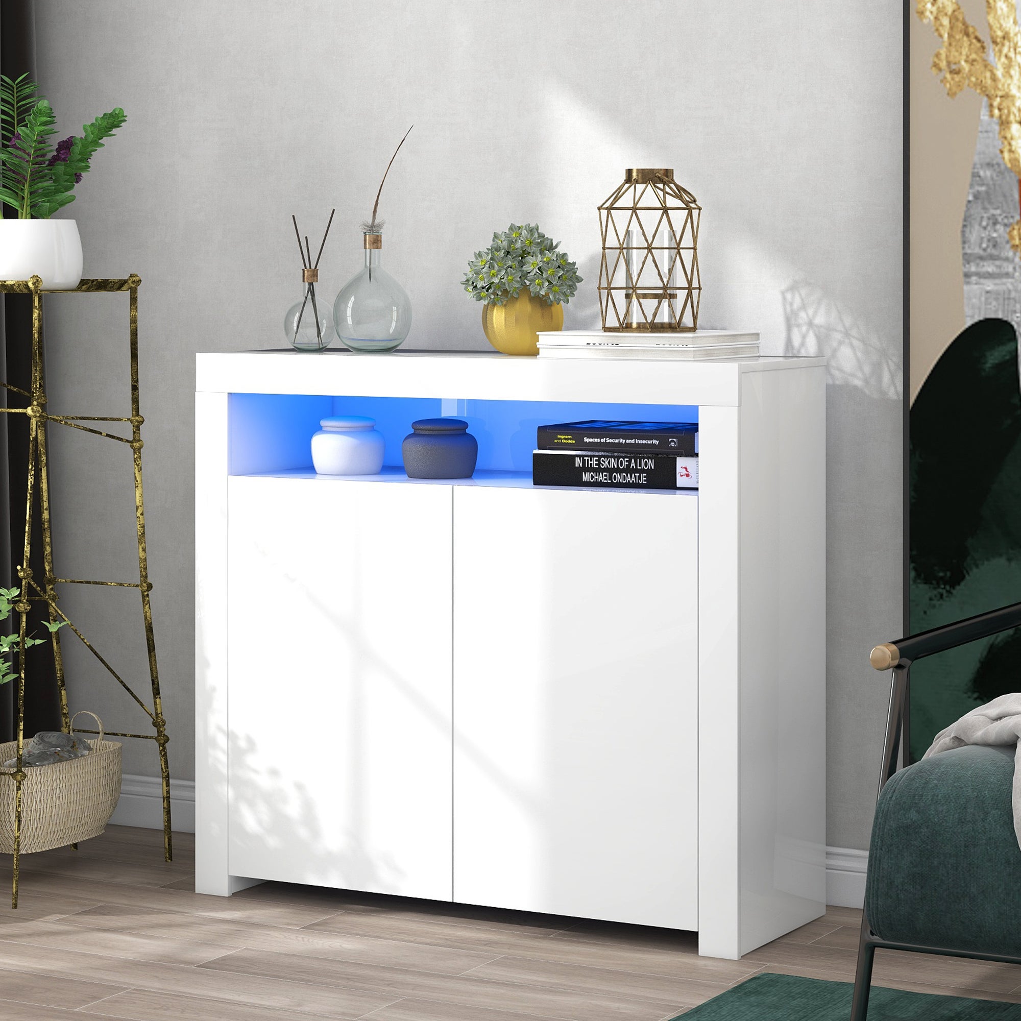 Commode buffet blanc salon, rangement, blanc brillant LED, buffet ...