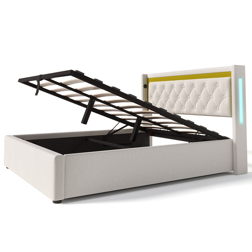 Lit coffre Lit double LED avec rangement et tête de lit USB type C ...