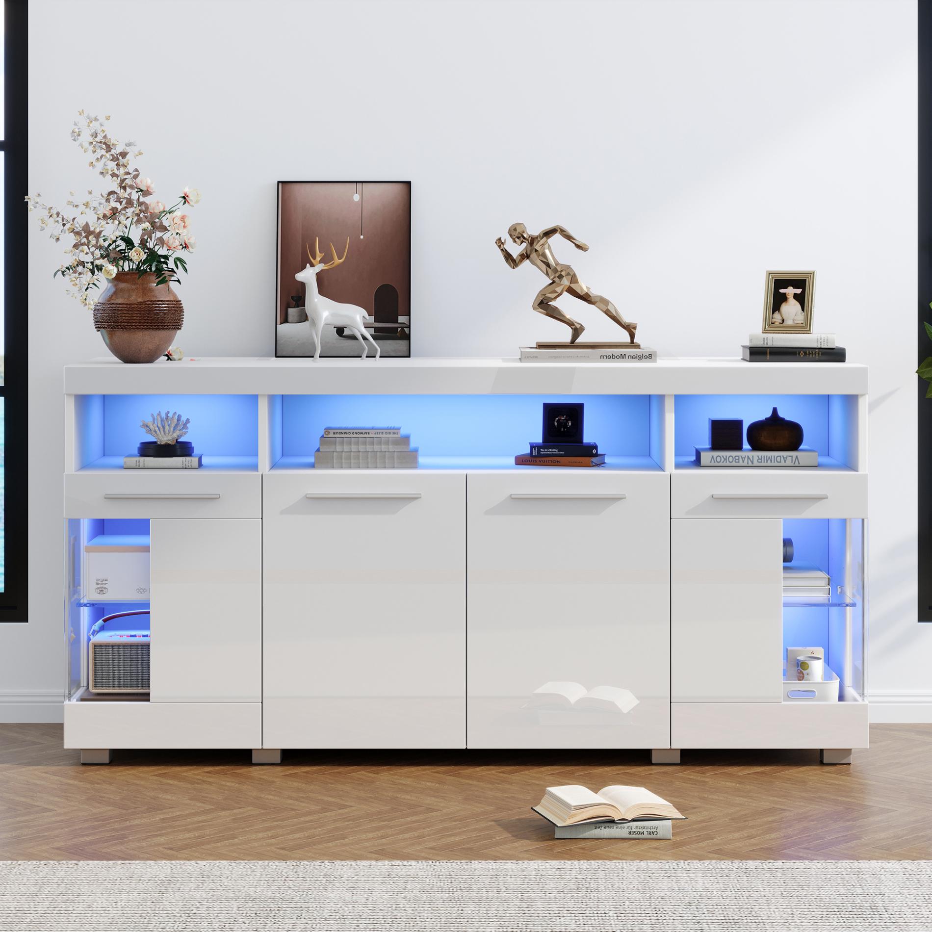 Buffet de salon, buffet brillant avec éclairage LED - 140 x 40 x 70 cm ...