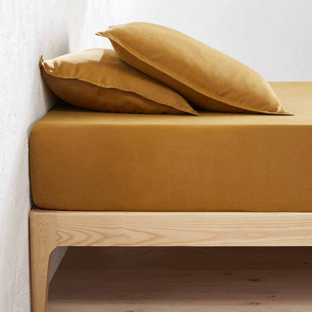 Drap housse lin lavé, bonnet 30cm, Linot - Kaki doré - 140 x 200 cm ...