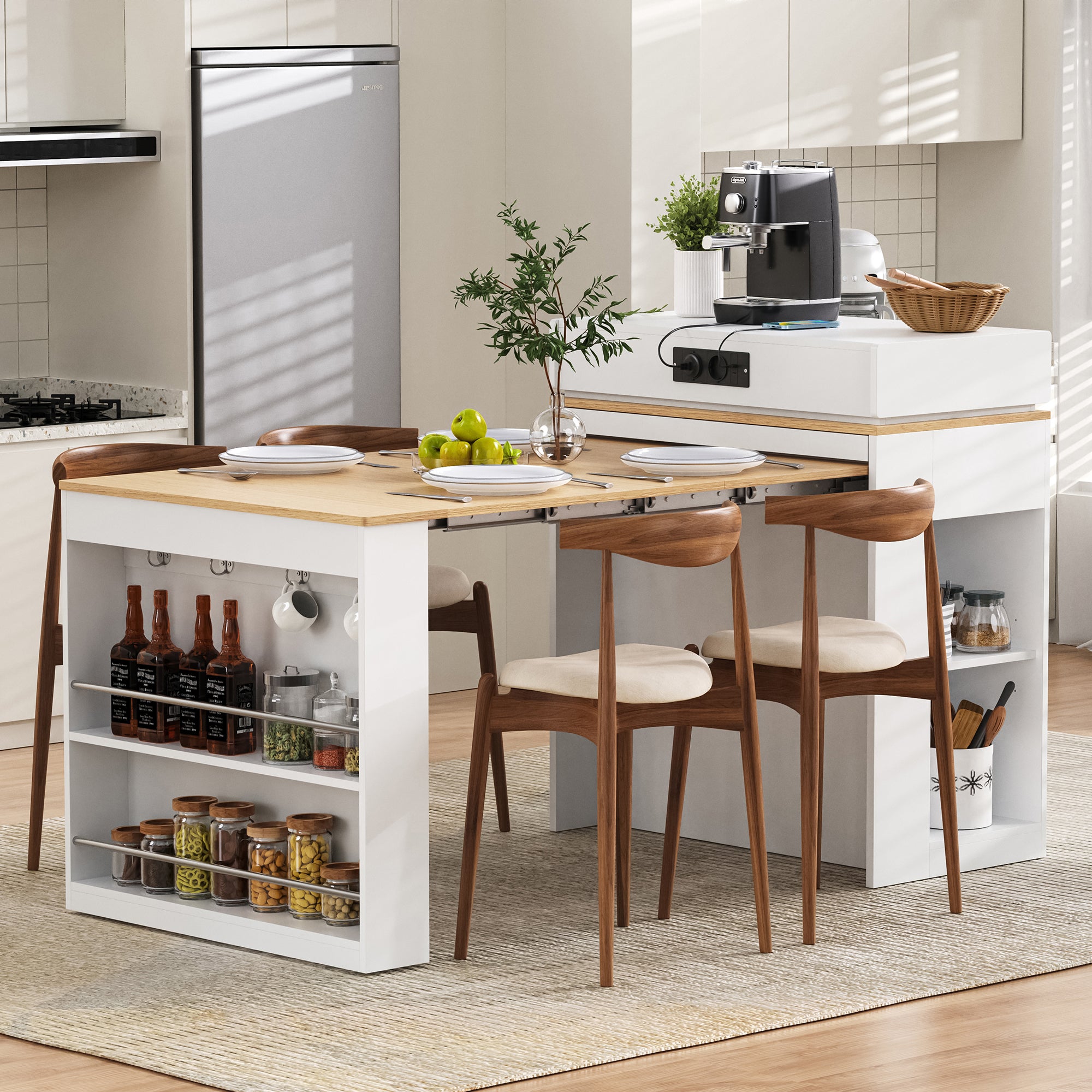 Isla de cocina con ruedas, mesa de comedor extensible, con regletas y ...