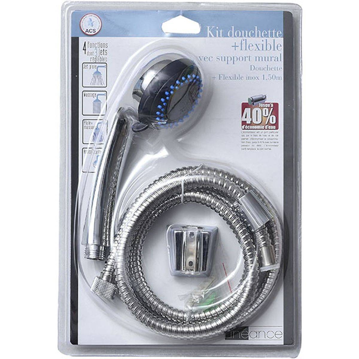 Kit douchette 3 fonctions anticalcaire flexible 150 cm - chrome ...