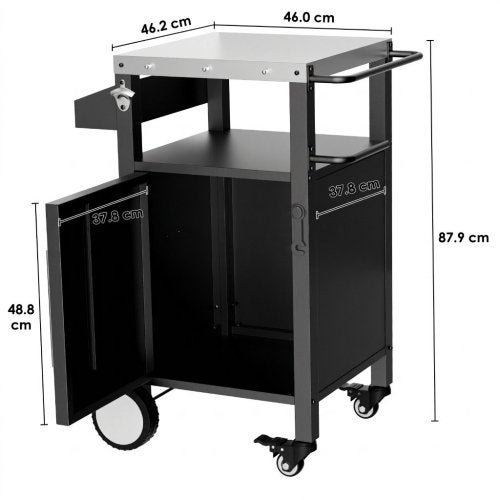 Mesa auxiliar de barbacoa negra de metal con bandeja inox, armario con ...