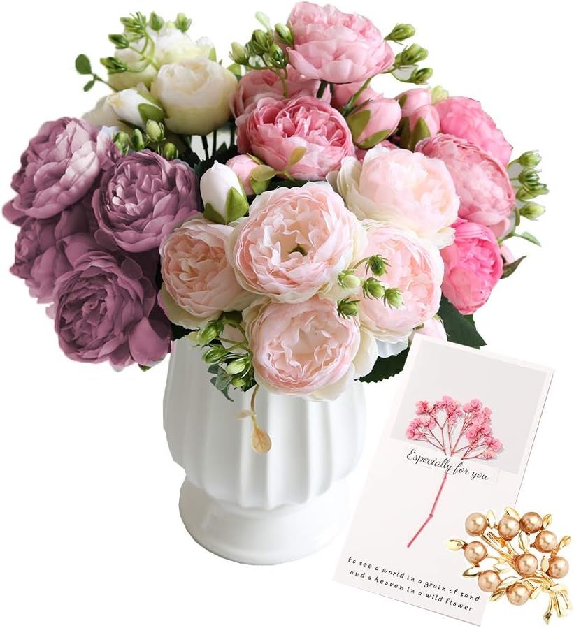 4 Ramos de Flores artificiales de Seda Peonía Artificial Flor falsa ...
