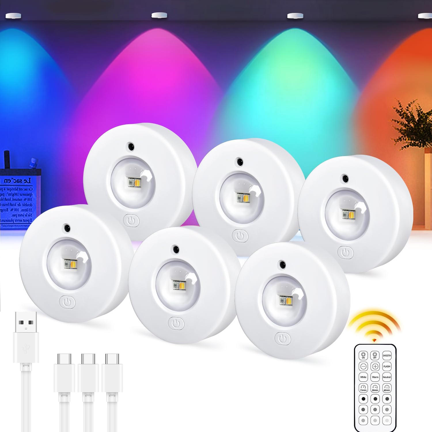 Mini lumière sans fil LED 6 pièces, éclairage rechargeable par USB ...