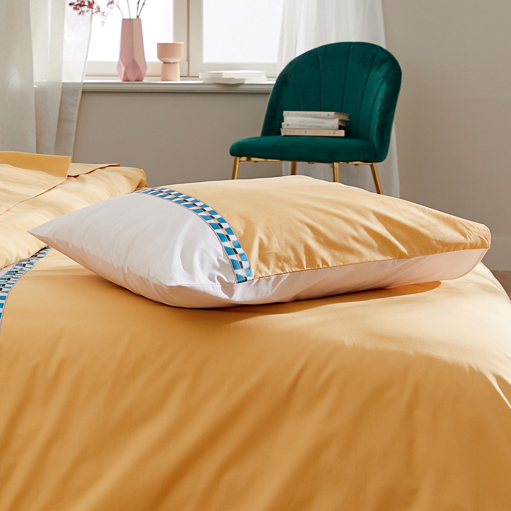 Taie d'oreiller percale avec galon - Jaune - 50x70 cm - Percale de ...