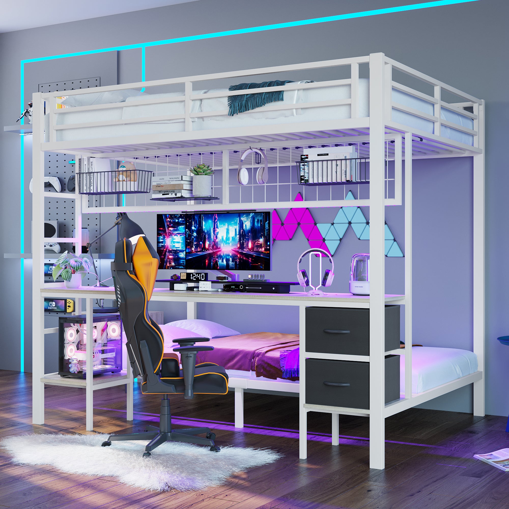 Lit mezzanine métal 90 x 200 cm et 140 x 200 cm avec tiroirs, bureau ...