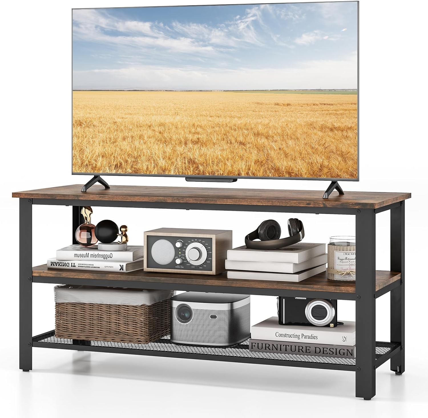 Mueble de TV, Estantería de 3 Niveles con Patas Metálicas y Ajustables ...