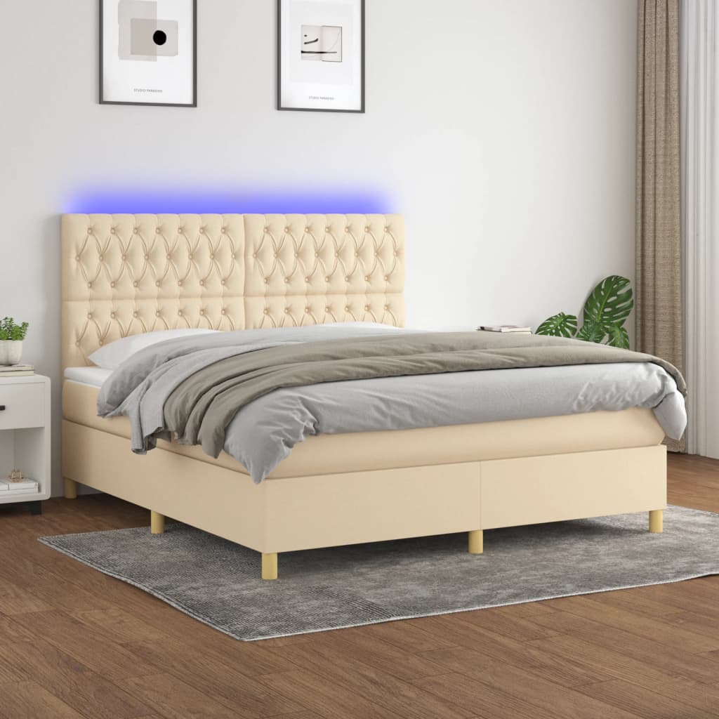 Cama box spring colchón y luces LED tela crema 160x200 cm | Leroy Merlin