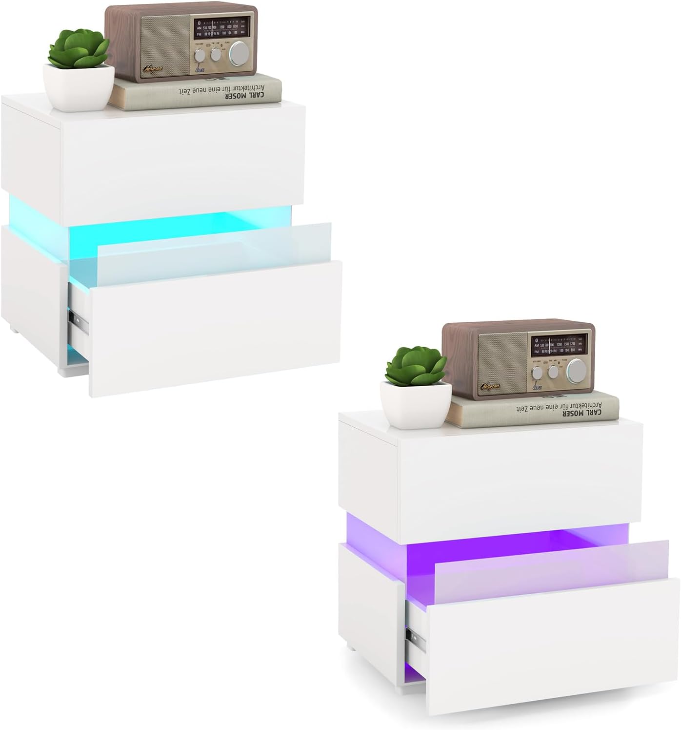 Mesita de Noche LED con Cajones, Mesilla de Noche con Control Remoto y 22 Modos Dinámicos, 10 ...