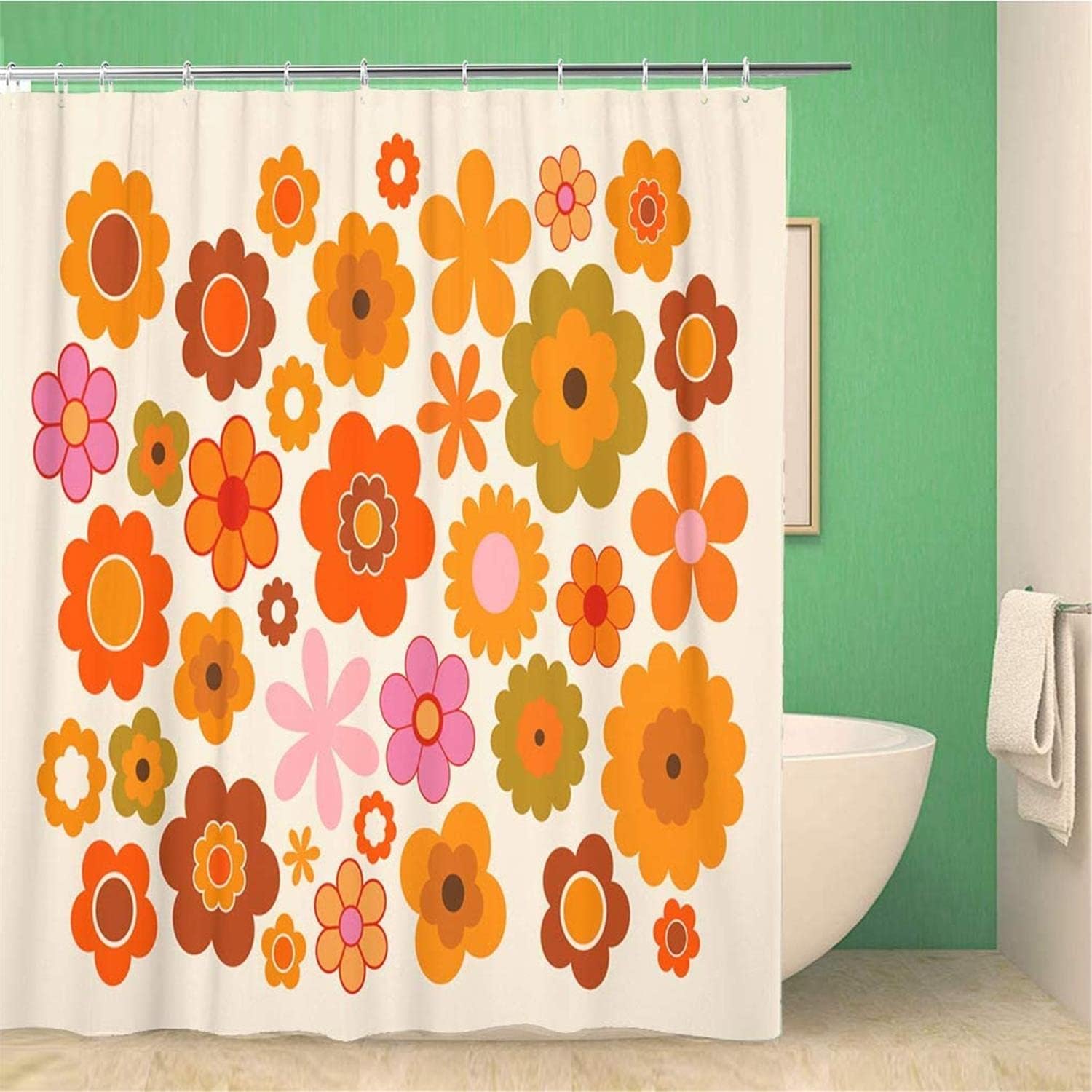 Rideau De Douche Orange Vintage Fleurs Imperméable Polyester Salle De ...