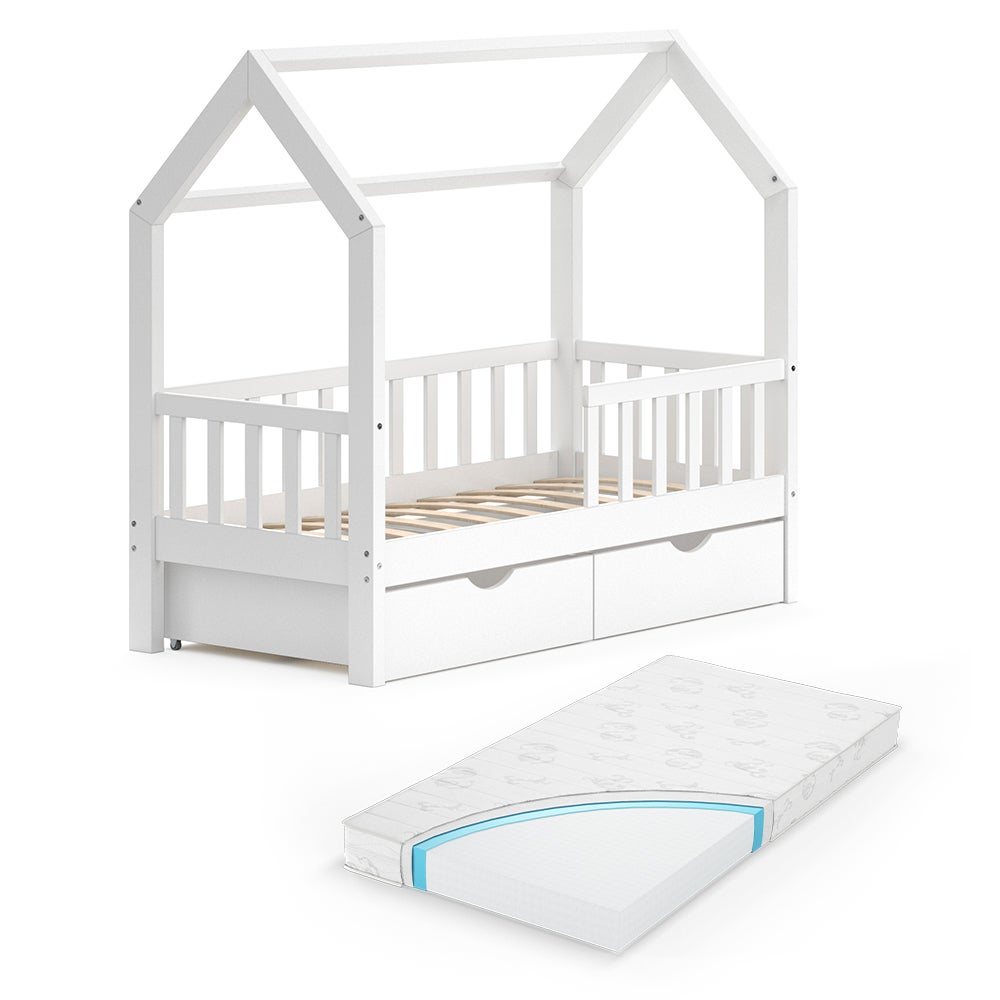 Vitalispa Lit cabane Wiki, Blanc, 70x140 cm avec tiroirs et matelas ...