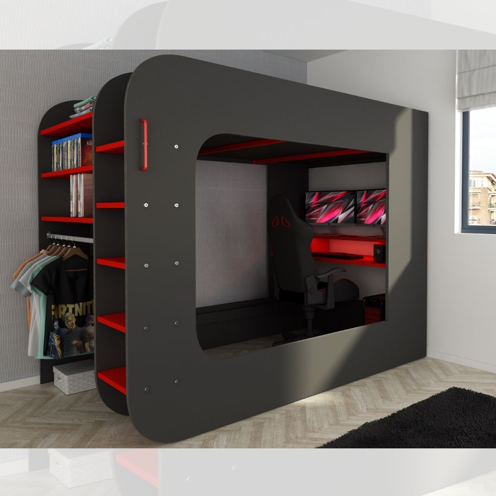 Cama alta 5000 con puesto gamer rojo antracita | Leroy Merlin