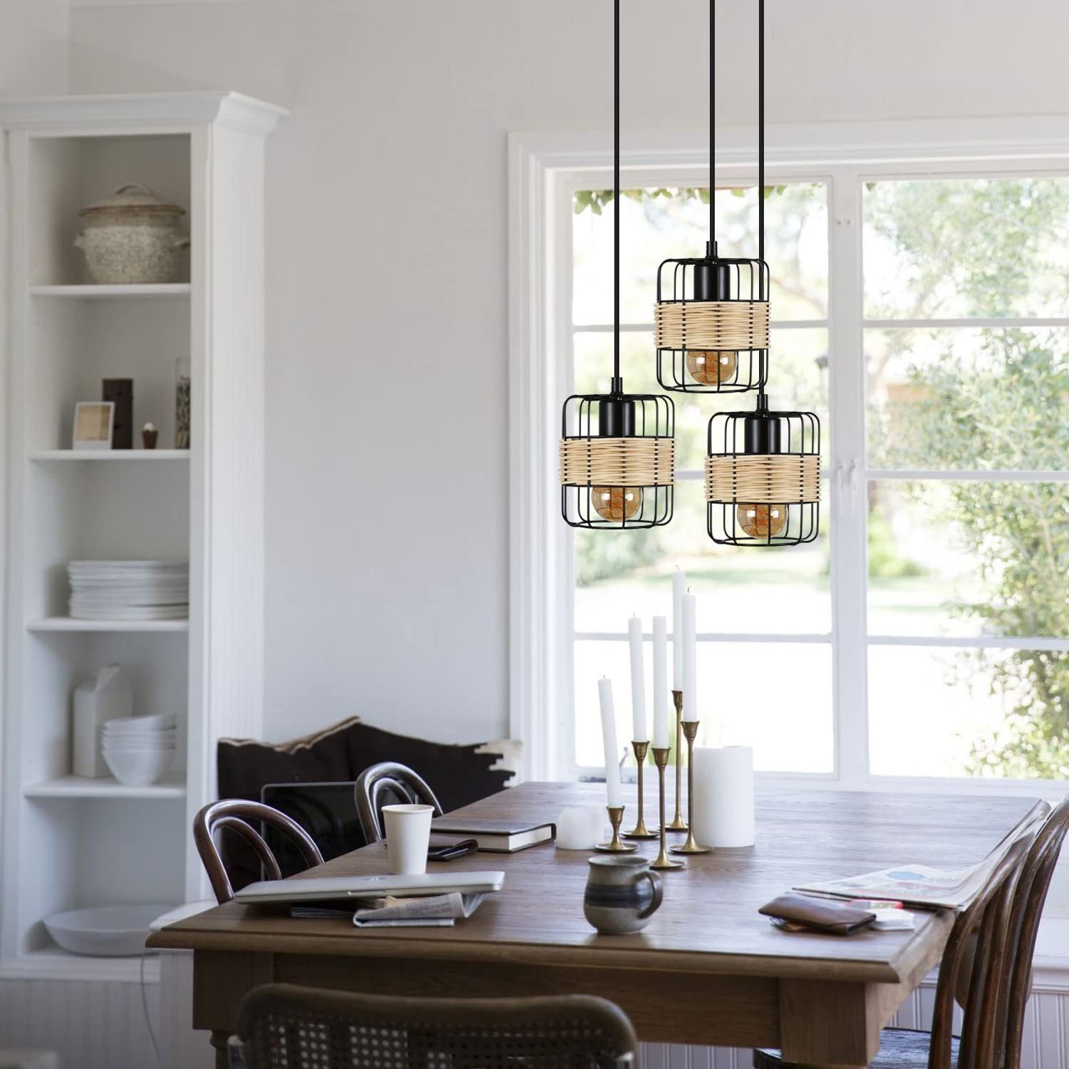 ZMH Lámpara colgante Negro E27 vintage 3 luces ratán metal Diseño ...