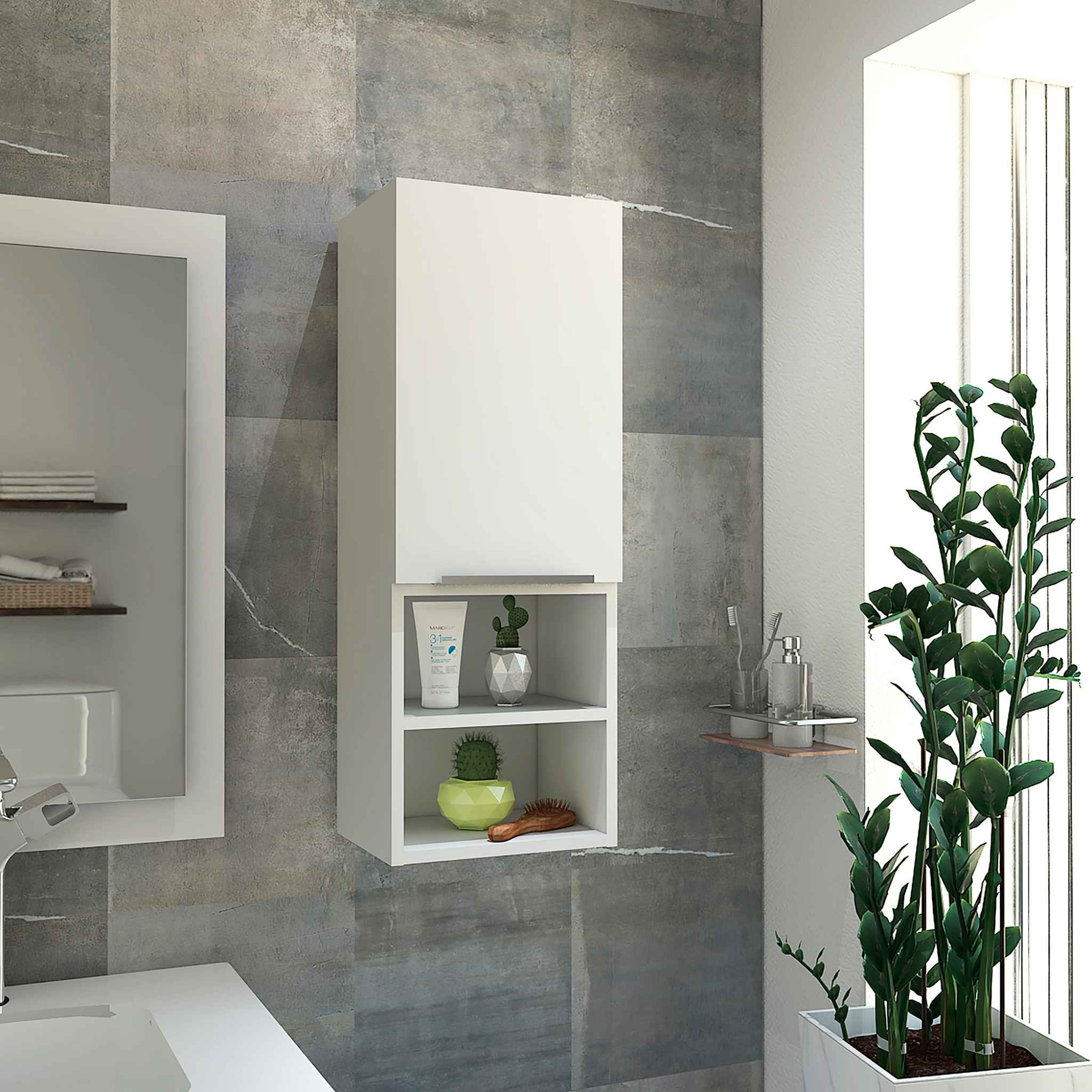 Pensile da bagno Mila in melamina con un'anta e quattro ripiani, 81.7 X ...