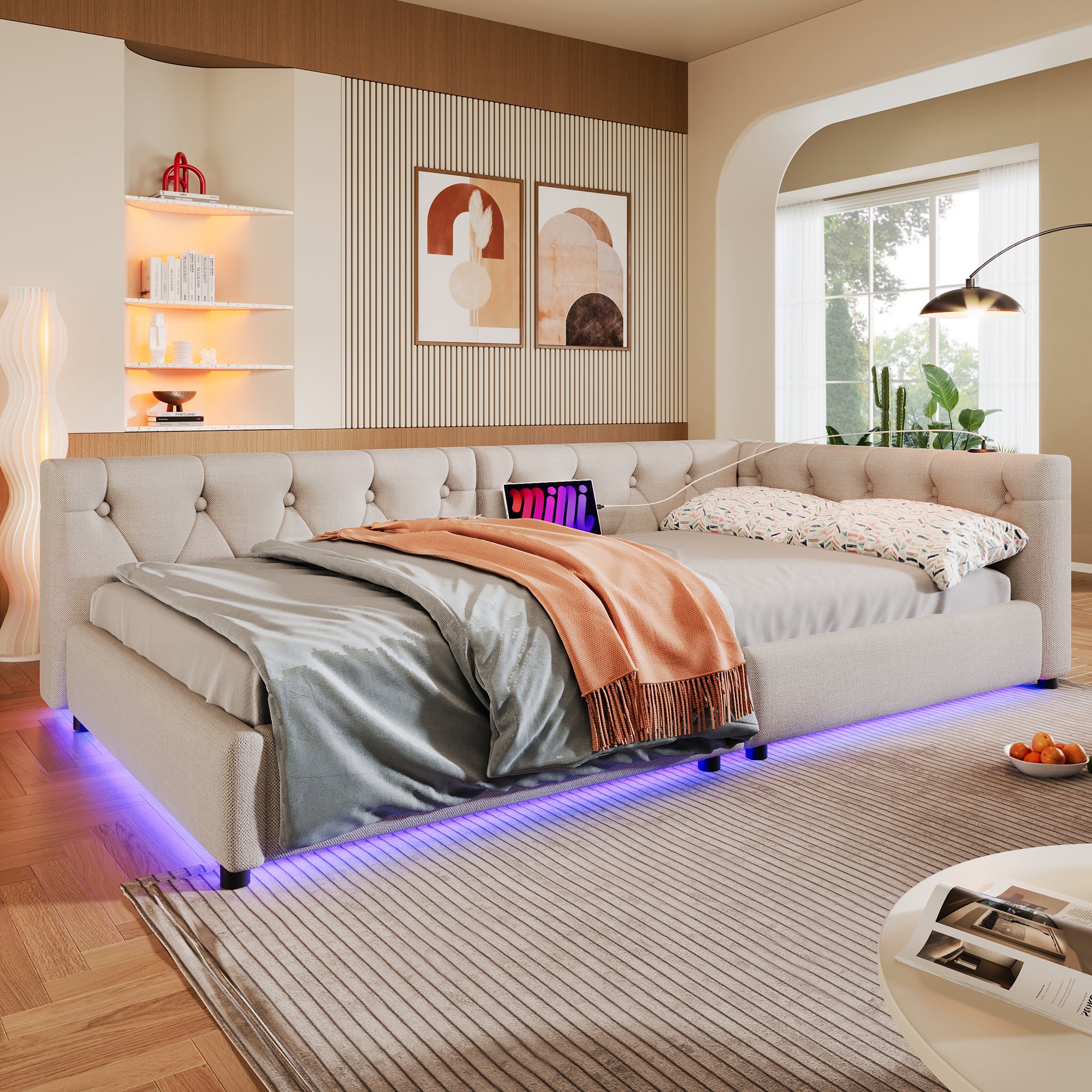 Banquette‑lit 90x200 cm avec sommier à lattes, éclairage LED ...