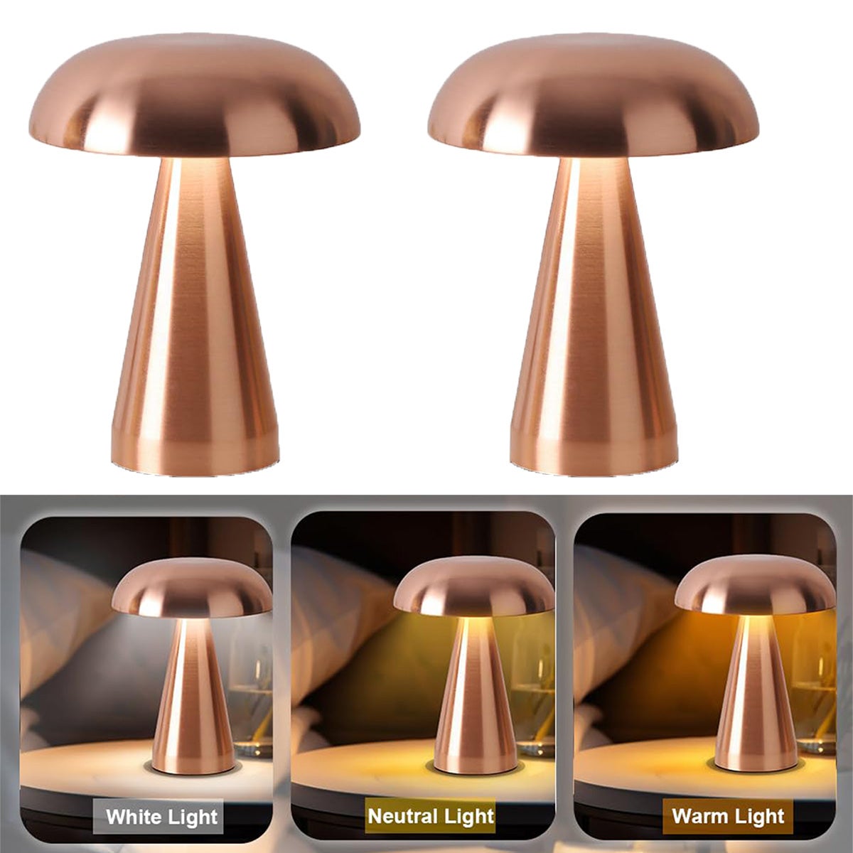 2-Pack lampe de chevet LED tactile champignon, sans fil, 3 températures ...