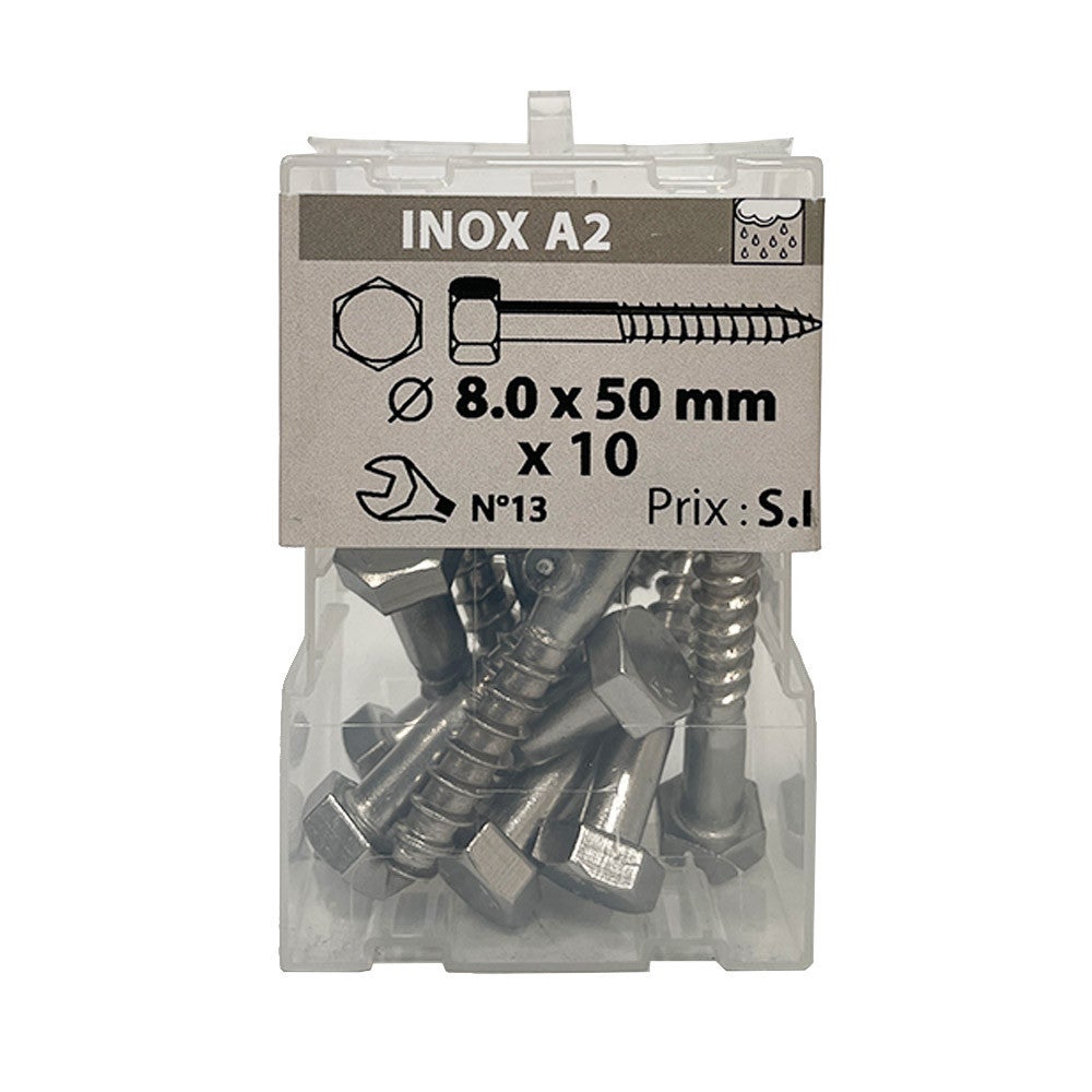 Boite 10 vis à bois 8 x 50mm tête hexagonale inox A2 - Viswood | Leroy ...