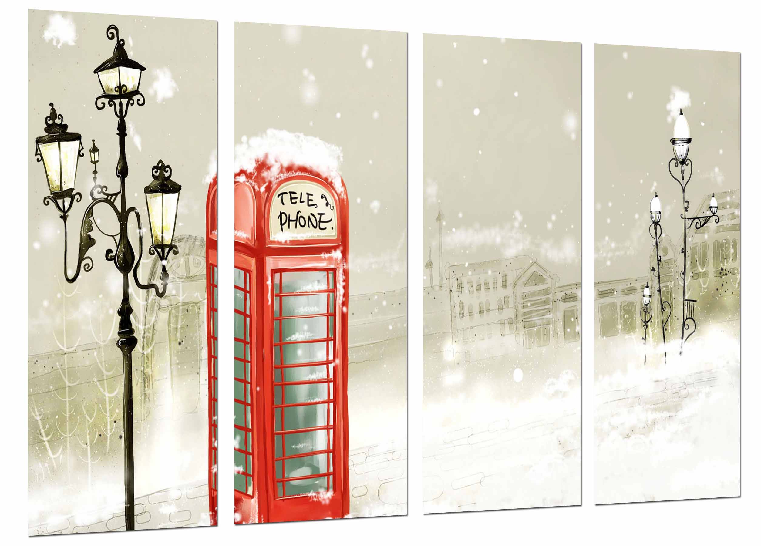 Set de posters Dibujo Ciudad Nevada Cabina Telefono Rojo, Londres ...