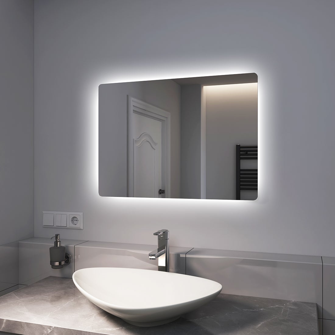 EMKE Miroir lumineux salle de bain Rétro-éclairage 70x50cm, Miroir LED ...