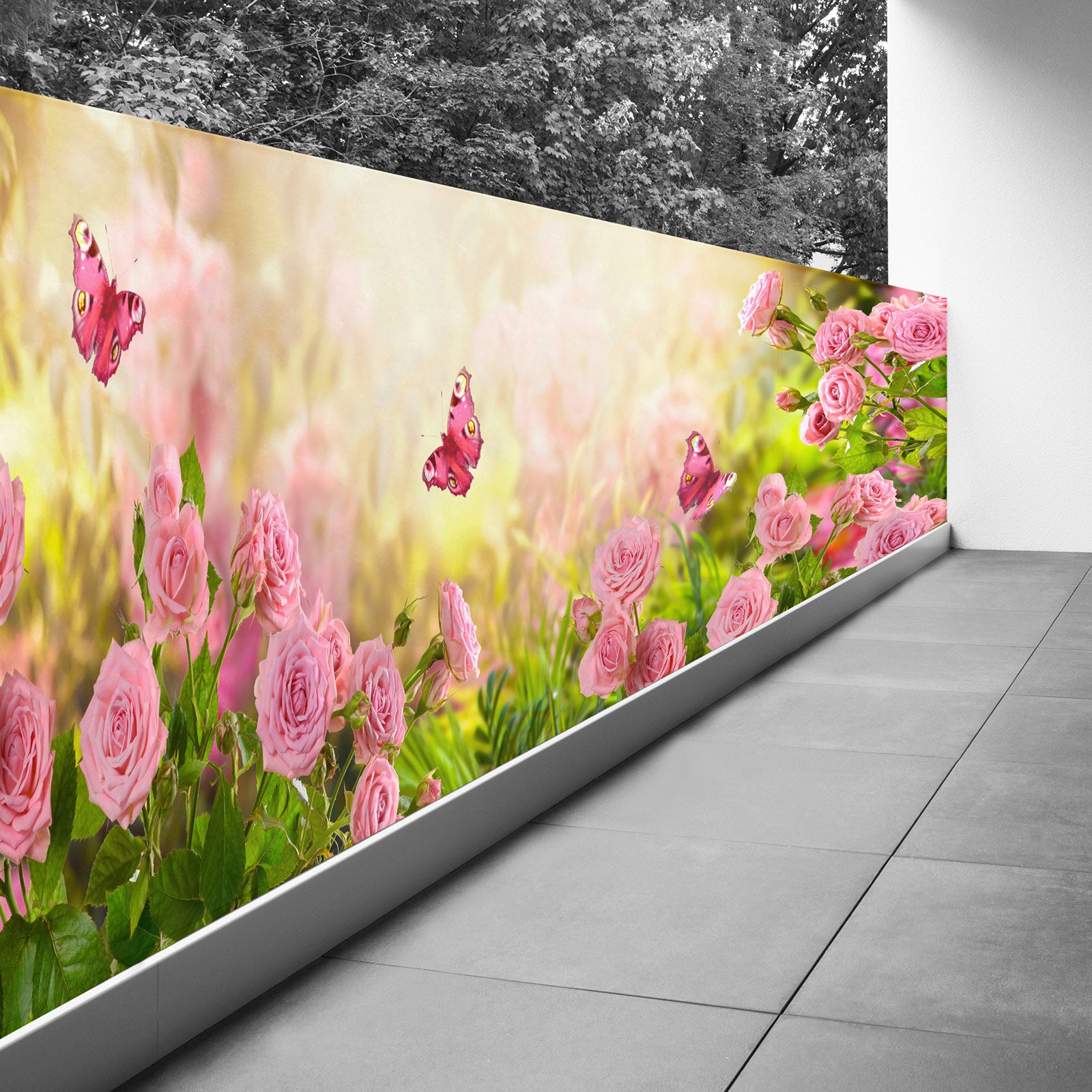 Brise vue Trompe l'oeil - 80x240 cm - Fleurs papillons - Bâche 80% d ...