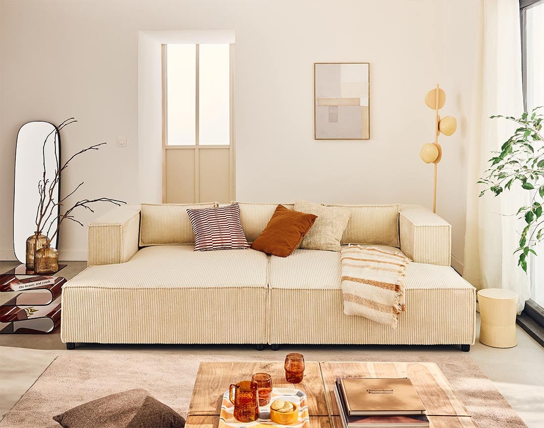 Canapé droit 3 places en velours côtelé beige - STELLA - Best Mobilier ...