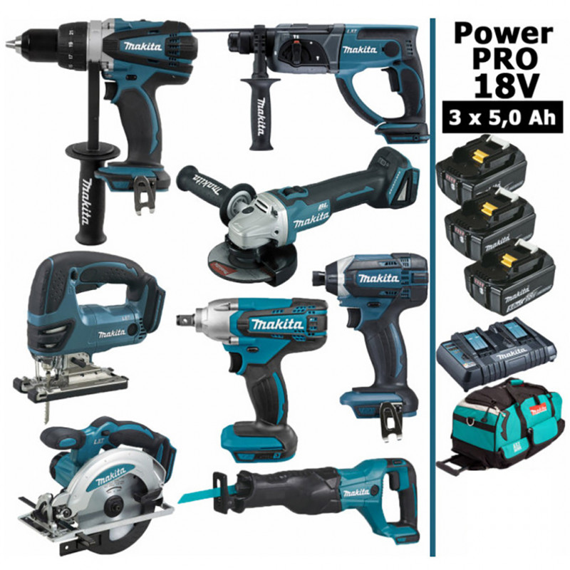 Pack Makita Power PRO 8 outils 18V: DDF458 DHR202 DGA504 DTW190 DTD152 DJV180 DSS610 DJR186 + 3 ...