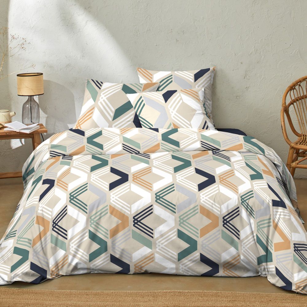 Housse de couette 240x260 cm + 2 taies 100% Coton 57 fils Malte Marine ...