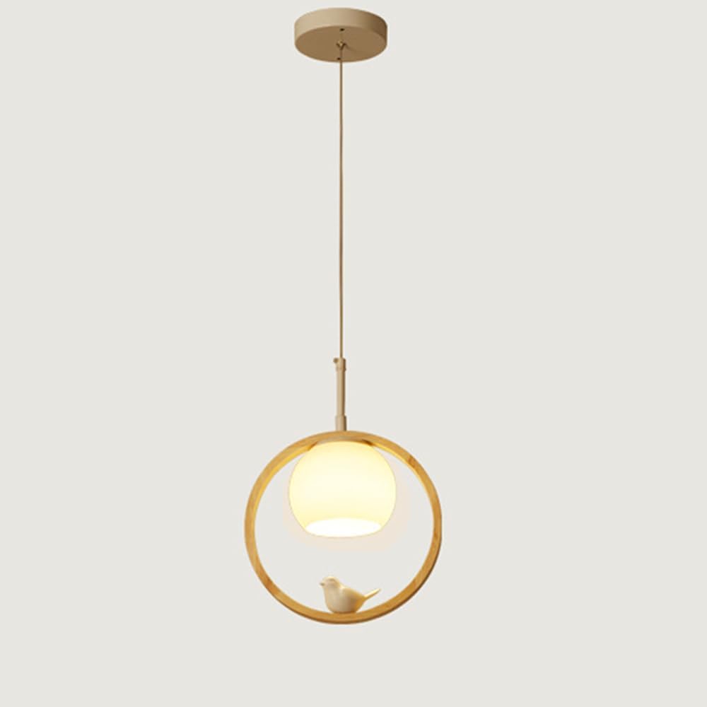 Lustre rond en bois avec abat-jour en boule de verre blanc, lustre de ...