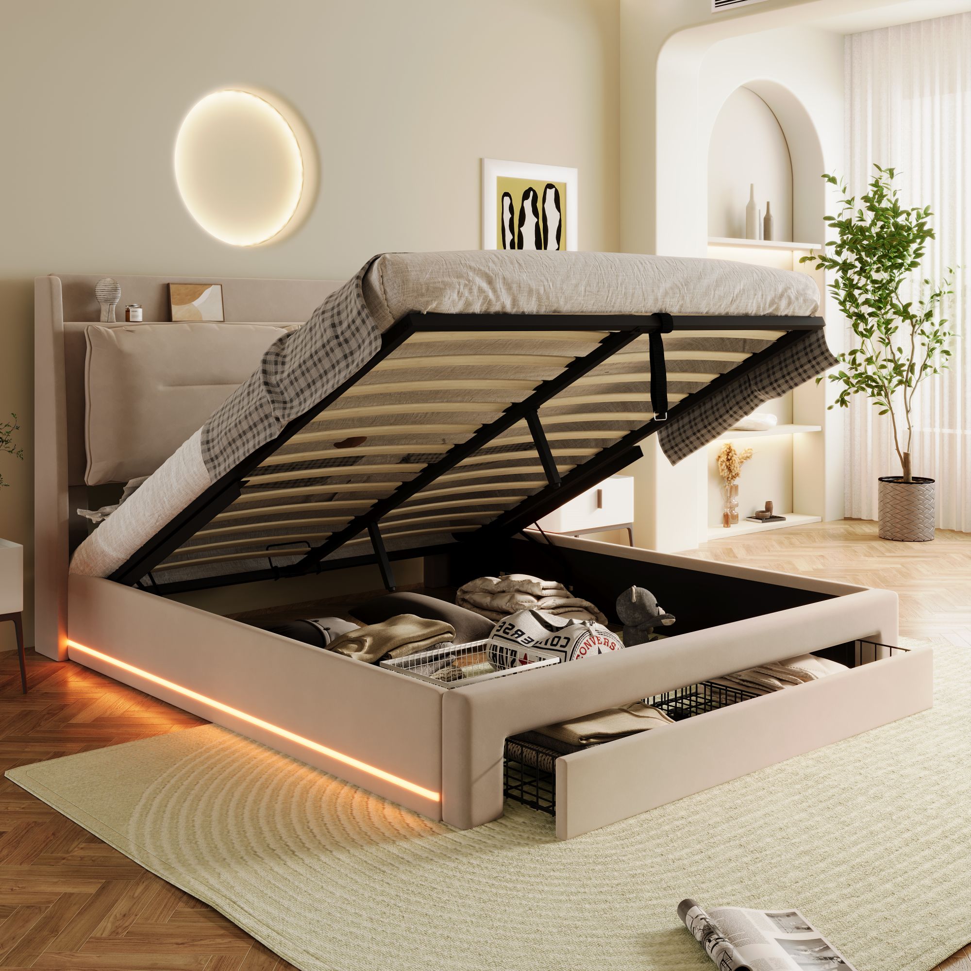 Letto contenitore 140 x 200 cm con cassetto e ripiano - LED - Tessuto ...