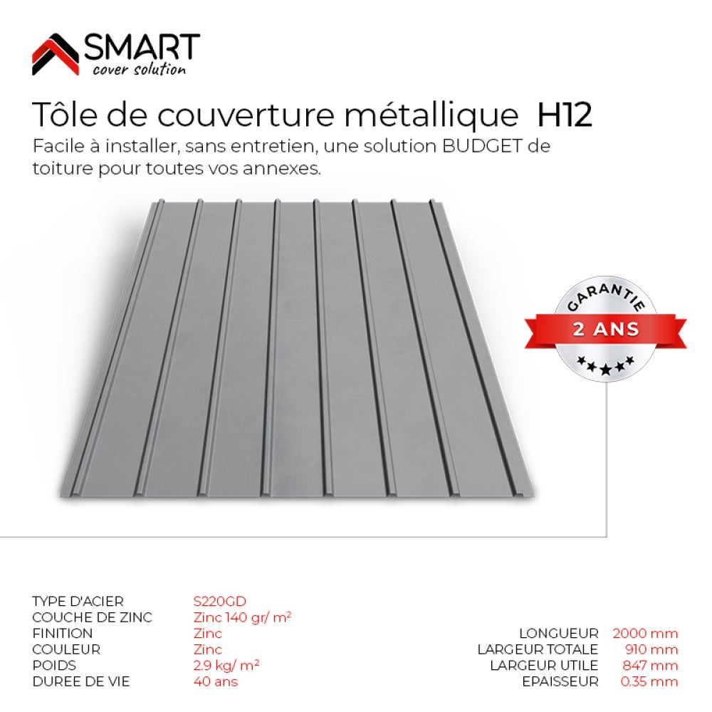 Tôle bac acier - Toiture - Couverture - plaque H12 Galvanisé Dimensions 2000 x 910 x 0.35 mm ...