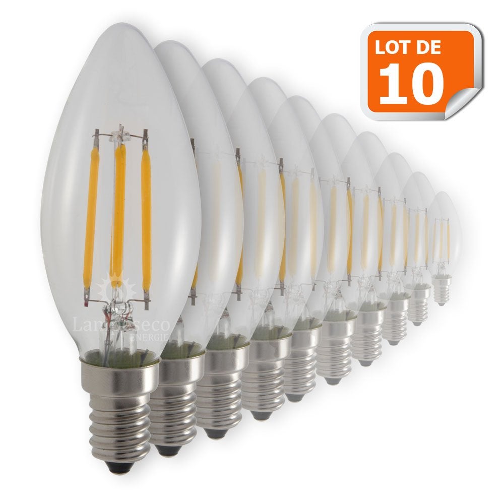 Lot de 10 Ampoules Flamme Filament 4w eq. 42W Culot E14 blanc chaud 2700-3200K | Leroy Merlin