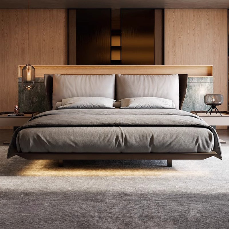 Lit suspendu italien minimaliste Alys, lit double recouvert de cuir ...