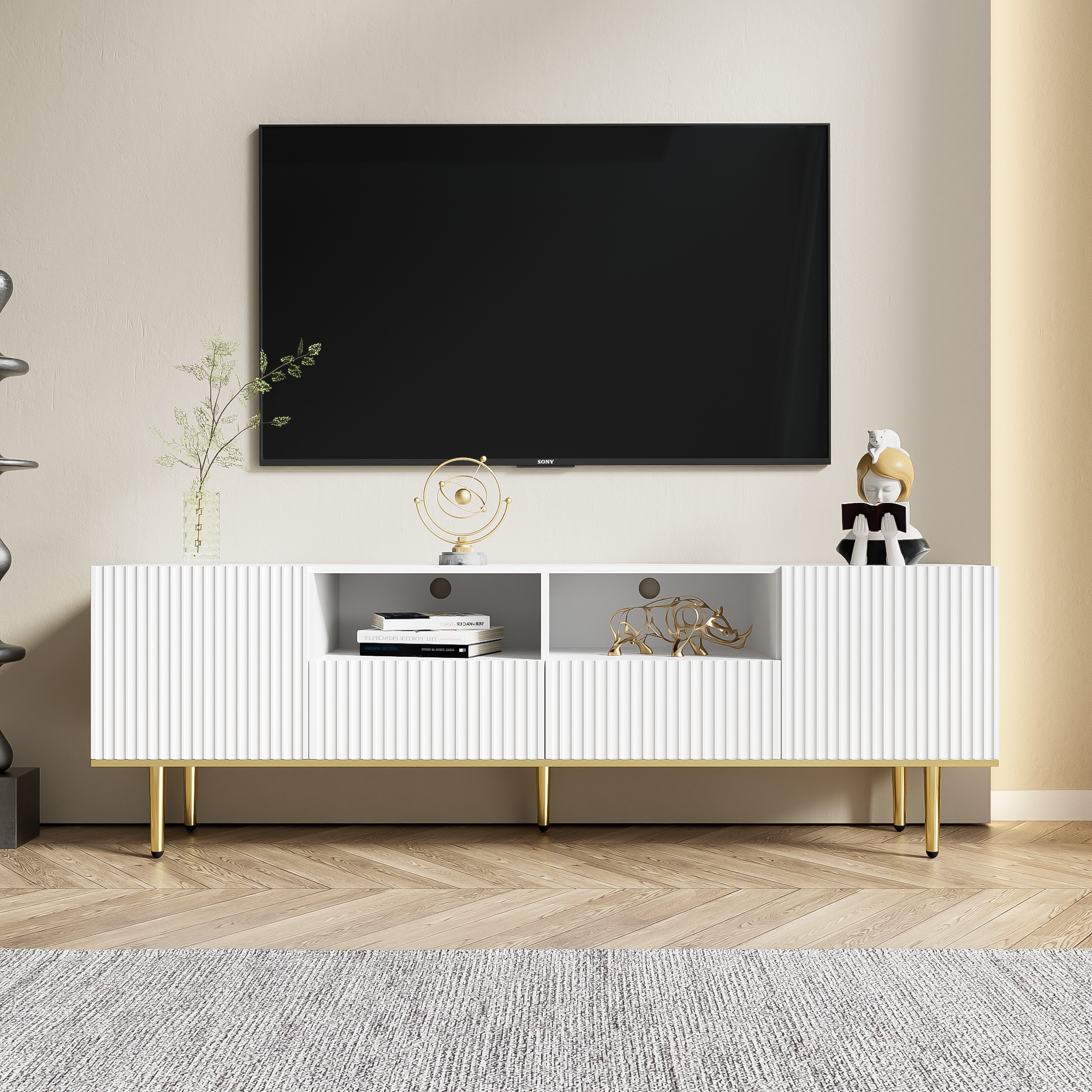 Meuble TV 165x36x55 cm - Panneau stratifié + 50KG + Rangement ...