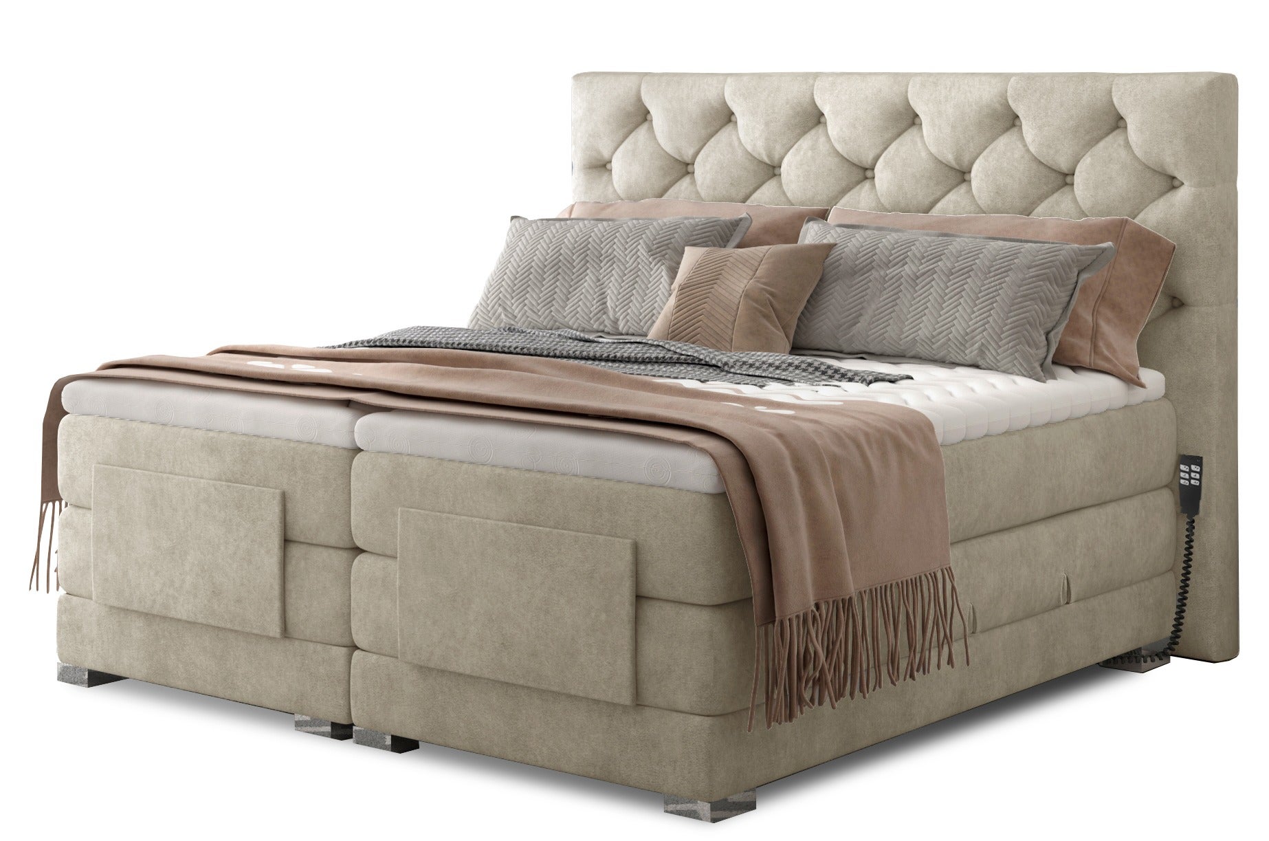 Lit continental électrique tissu beige clair avec matelas et surmatelas ...