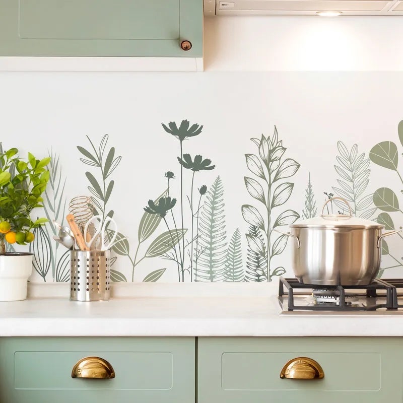 Crédence cuisine en aluminium - floral vert sauge - 360x50 cm (en 3 ...